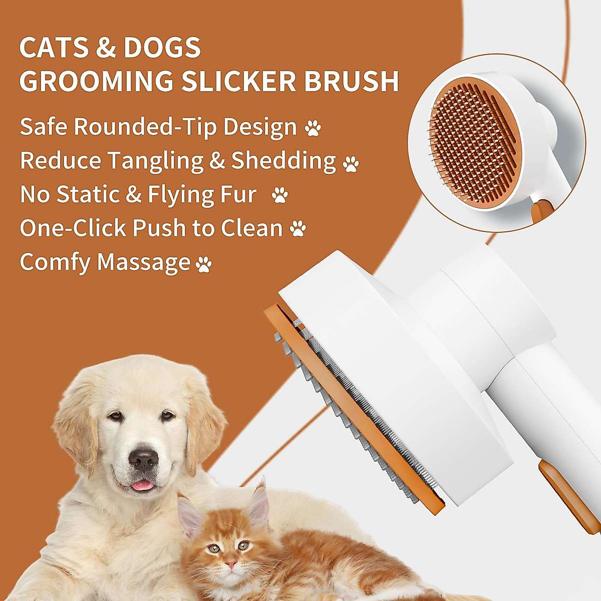 Cat Brush Self Cleaning Slicker for Indoor Shedding Short Haired Dogs Grooming Supplies for Long Hair Pet Comb Essentials Tools for Pitbulls Removes Matted Fur and Loose Undercoat Set (Orange)