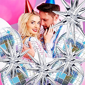 8 Pcs Disco Ball Ballons, Silver Last Disco Balloons 22Inch 4D Large Foil Balloons with Metallic Star for 70s Disco Dance Birthday Party Graduation New Year Decoration