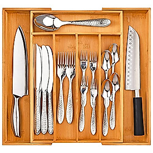 Greenual Silverware Organizer 15 In Utensil Organizer Silverware Tray for Drawer Expandable Cutlery Flatware Organizer for Kitchen Bamboo Wood