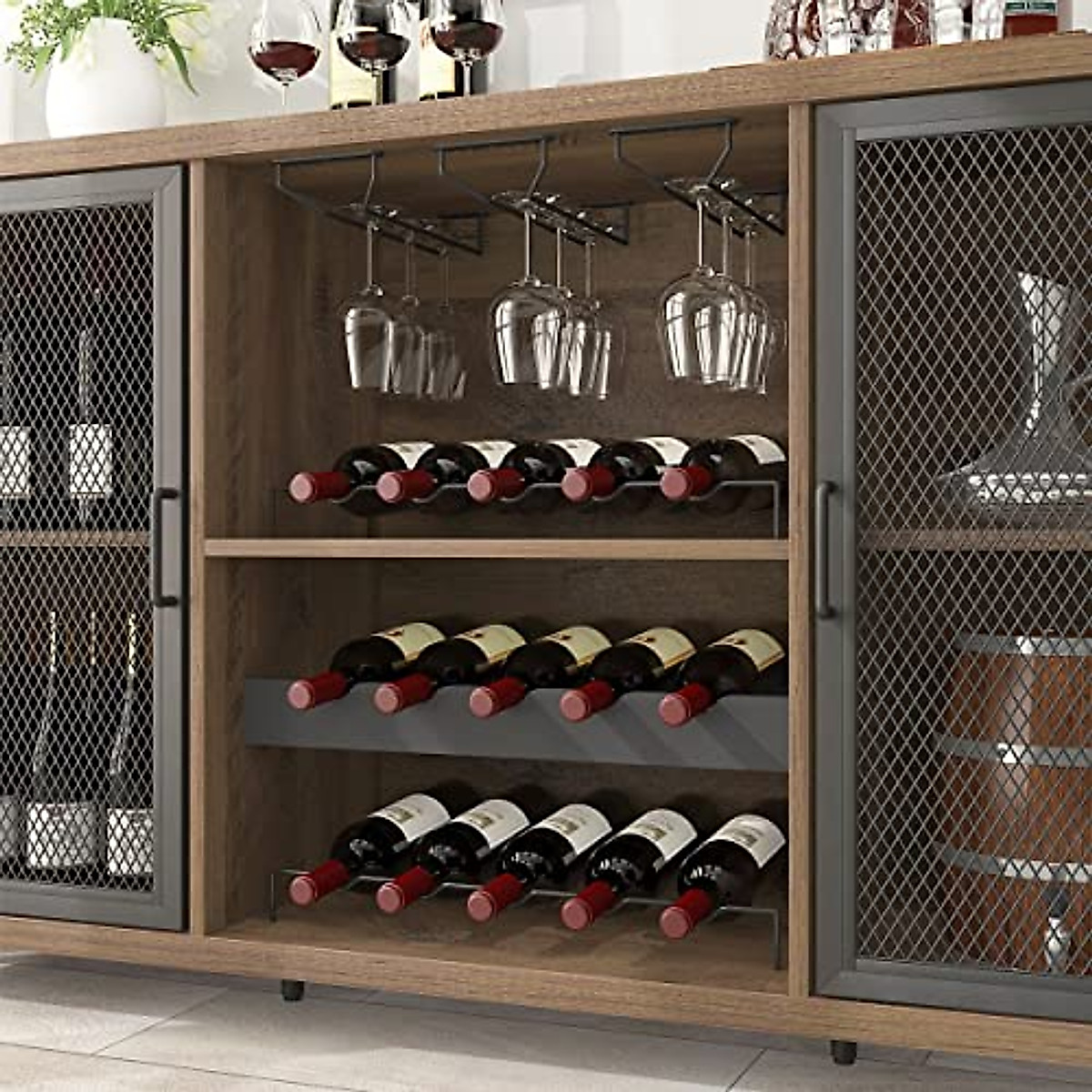 IBF Industrial Wine Bar Cabinet, Coffee Bar Cabinet for Liquor and Glasses, Farmhouse Liquor Cabinet with Storage Rack, Sidebaord Buffet Cabinet for Home Kitchen Dining Living Room, Rustic Oak, 55 in