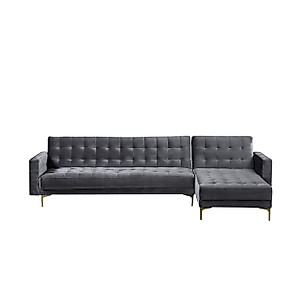 Iconic Home Amandal Convertible Sofa Sleeper Bed L Shape Chaise Tufted Velvet Upholstered Gold Tone Metal Y-Leg Modern Contemporary, Right Facing Sectional, Grey Velvet