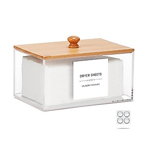 ZUHSAN Dryer Sheet Holder with 10 bonus random Labels, Acrylic made Dispenser, Acrylic Container Storage Box for Laundry Room Organization, Holds Sheets, Balls, Clothes Pins, Laundry Pods