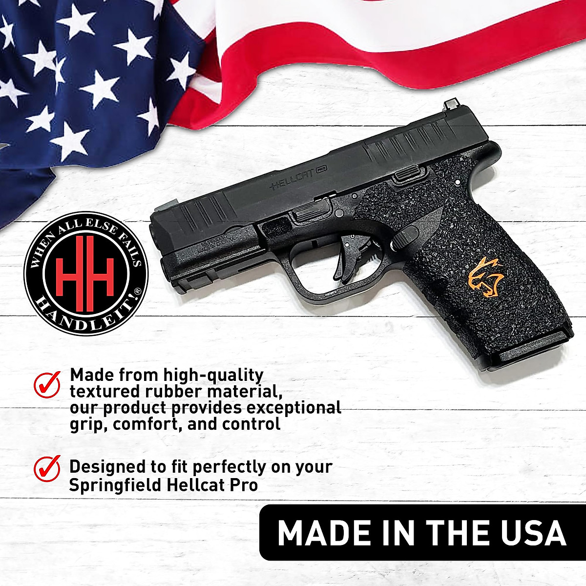 Handleitgrips Gun Grip Tape Compatible with Springfield Hellcat Pro - Black Textured Rubber Pistol Grip Tape with Orange Insert, Easy Installation, Gun Parts & Accessories, Veteran Owned, Made in USA