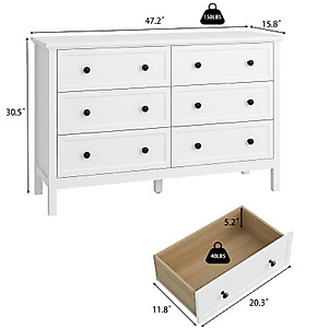 CARPETNAL White Dresser for Bedroom, 6 Drawer Dresser with Wide Drawer and Metal Handles, Wood Dressers & Chests of Drawers for Hallway, Entryway.