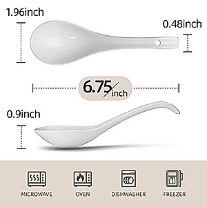 Artena Bright White 6.75 inch Asian Soup Spoons Set of 6, Ultra-fine Porcelain Tablespoon, Chinese/Japanese Kitchen Soup Spoons for Cereal, Small Spoons for Ramen Pho - Deep Oval Hook Design