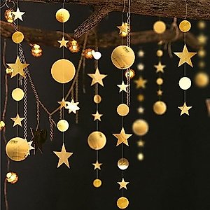 Gold Party Decorations Star Circle Dot Paper, Banner Bunting Streamer Hanging Garland Decorations, Hanging Streamer Backdrop for Birthday Party Decorations Wedding Bachelorette Engagement (QS201)