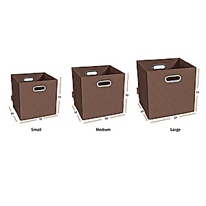 JIAessentials Medium 12-inch Brown Foldable Diamond Patterned Faux Leather Storage Cube Bins Set of Four with Handles with Dual Handles for living room, bedroom and office storage