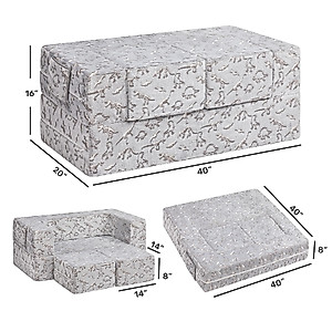 ALIMORDEN 3-in-1 Modular Toddler Couch, Glow-in-The-Dark Dinosaurs Flip Out Kids Couch, Nugget Couch with Two Ottomans and Side Pocket for Boys and Girls, Grey