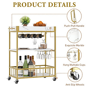 Fleecy day Bar Cart Gold,Bar Carts for The Home Mobile Bar Serving Cart, Drink Cart, Rolling Beverage Cart, Microwave Cart with Wine Rack and Glass Holder with Wheels and Metal Serving Trolley 34in