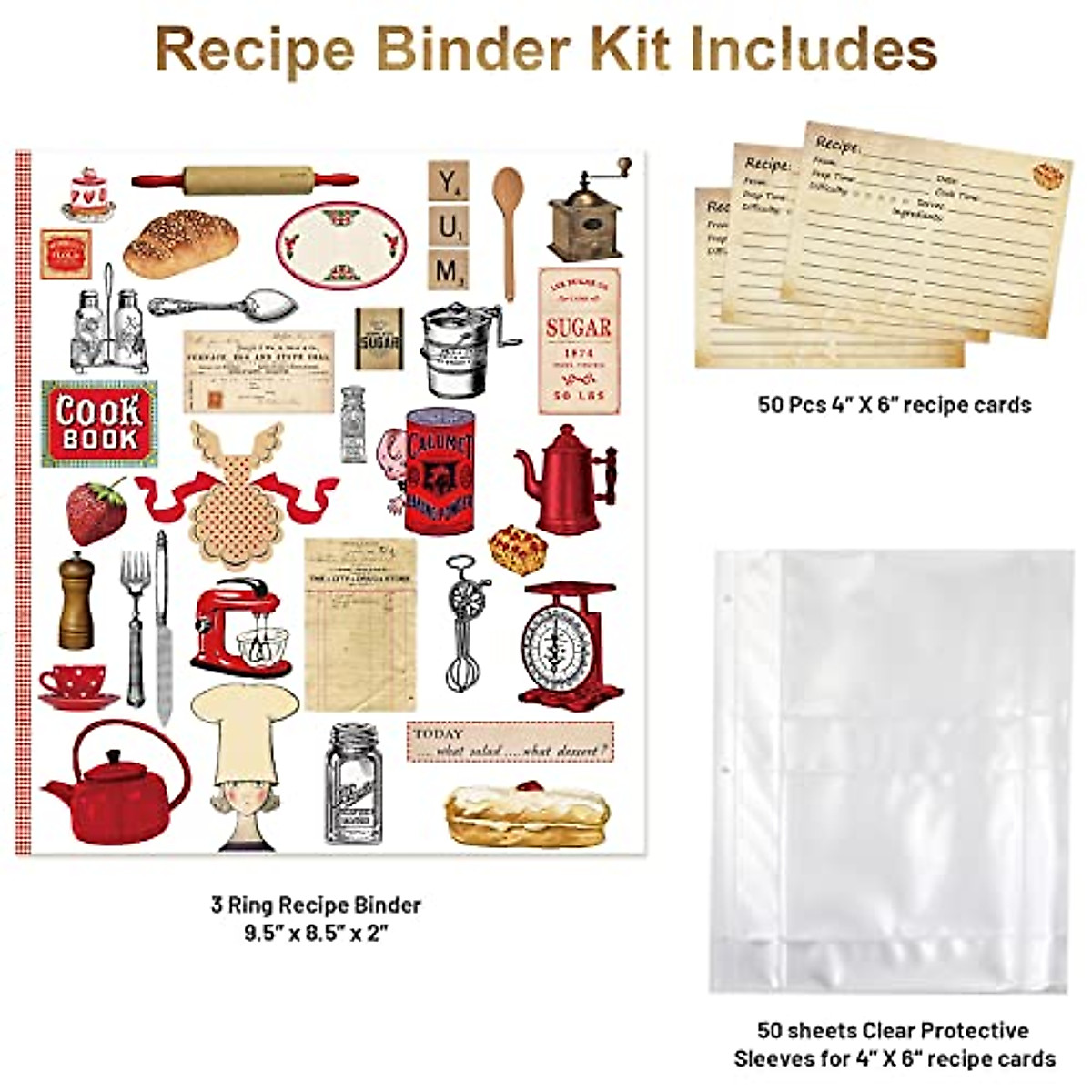 Recipe Binder Book Organizer Keeper Kit 50 PCS Recipe Cards 10 Dividers 50 Plastic Sleeves 3 Ring 8.5 X 9.5 inch Gifts
