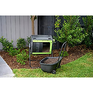 MAZE 48 Gallon Geared Two Compartment Compost Tumbler and MAZE Compost Cart
