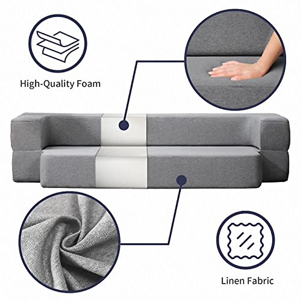 ZAFLY Twin Folding Sofa Couch Bed,8.6" Flip Out Sofa Bed,Convertible Sleeper Sofa Bed,Comfy Floor Couch Bed,Futon Sofa Bed Memory Foam Mattress,Linen Fabric Small Couches for Small Spaces,Light Grey