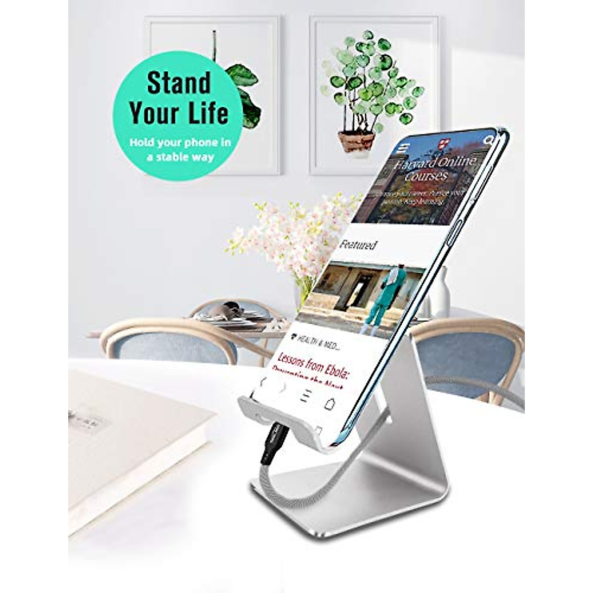 SKEJER Cell Phone Stand, Cellphone Hold, Tablet Dock with Anti-Slip Base, Aluminum Desktop Holder Bracket Compatible with All Smart Phone and Tablets Under 10 Inches-Silver