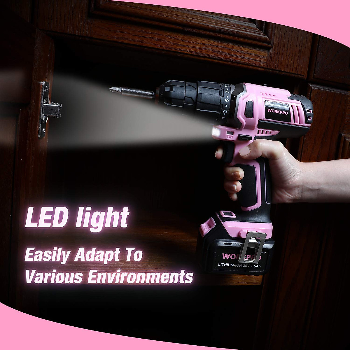 WORKPRO Pink Cordless 20V Lithium-ion Drill Driver Set & 8 Piece Magnetic Screwdrivers Set- Pink Ribbon