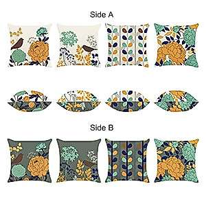 Bonhause Flower Bird Spring Throw Pillow Covers 18 x 18 Inch Set of 4 Blue and Yellow Floral Decorative Pillows Case Polyester Linen Outdoor Cushion Covers for Sofa Couch Garden Home Decor