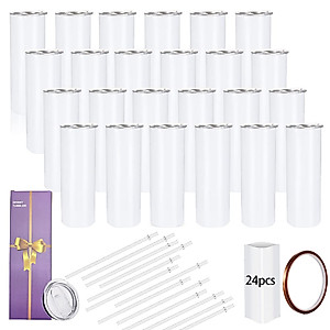 YOUKE OLA 24 Pack Sublimation Tumblers Straight Skinny Blanks 20oz for Heat Transfer, Individual Gift Boxed, Double Wall Insulated Tumbler with Shrink Wrap Films & Heat Tape & Straws, White