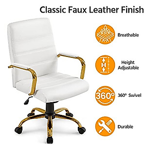 Topeakmart Office Desk Chair Mid-Back Adjustable Chair PU Leather Executive Chair w/Gold Frame White Seat