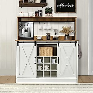Farmhouse Coffee Wine Bar Cabinet with 6 Hooks, Sliding Barn Door, 47’’ Sideboard Buffet Cabinet with Adjustable Shelf for Kitchen, Dining Living Room, White