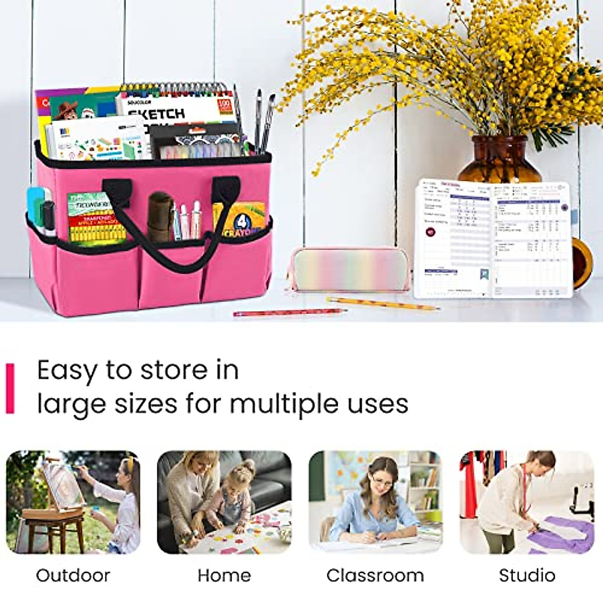 Godery Desktop Tote and Stock Organize, Teacher Helper Tote Bag Organization for Arts, Books, Stationery, etc, and Office Desk Organize, Make-up Storage Tote with Handles for Travel (PINK)