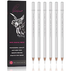 GETHPEN Professional White Charcoal Pencils Set - 6 Pieces Sketch Highlight White Pencils for Drawing, Sketching, Shading, Blending, White Chalk Pencils for Beginners & Artists