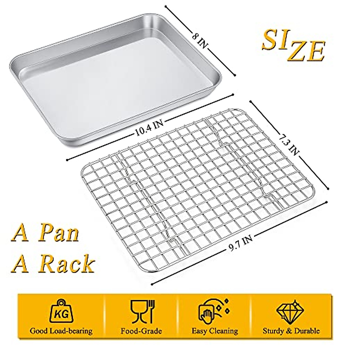 10.4 Inch Toaster Oven Pan with Rack Set, P&P CHEF Stainless Steel Small Baking Pan Tray and Grid Cooling Rack for Cooking/Roasting, A Pan and A Rack, Dishwasher Safe & Easy to Clean & Non-toxic
