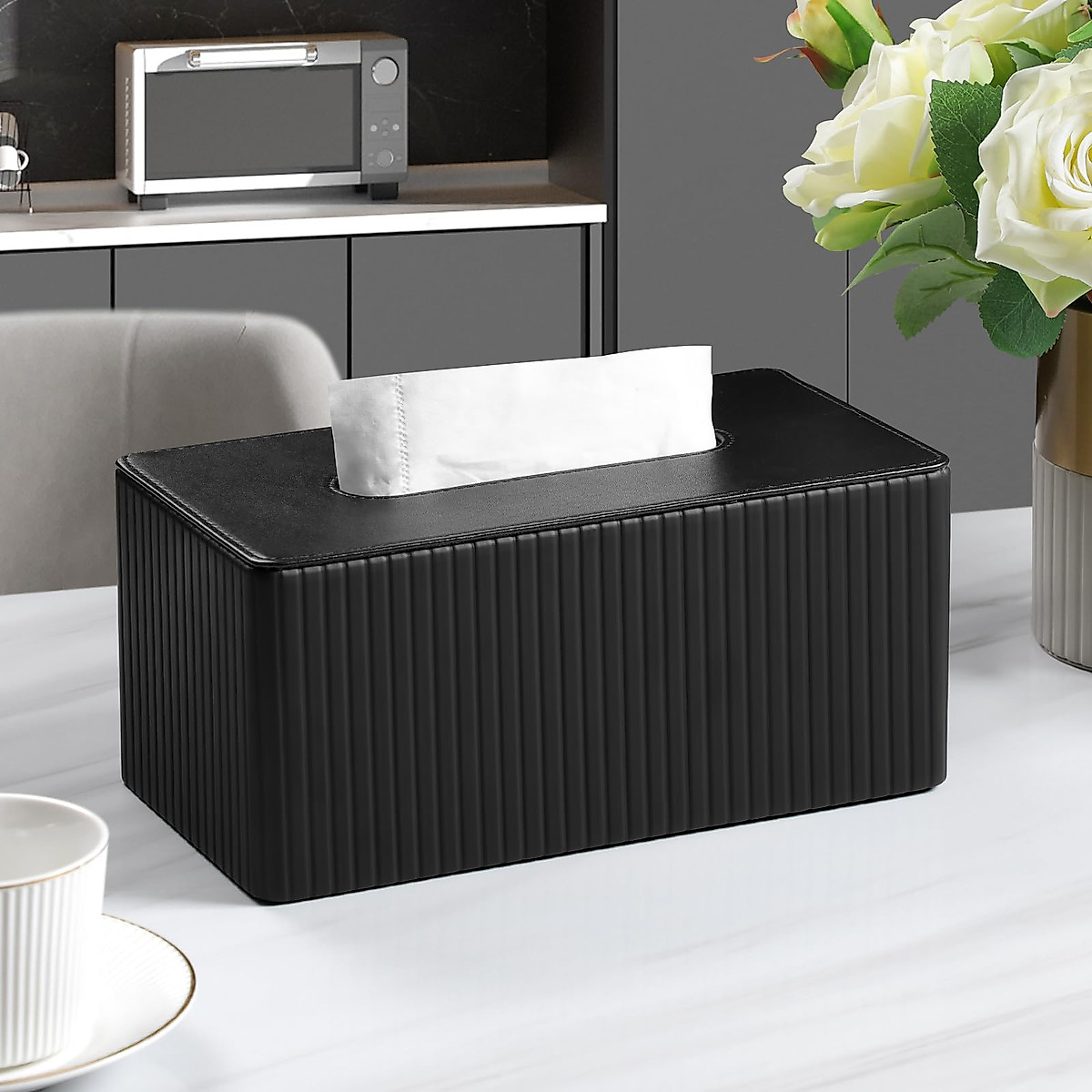 MEIBOOCH Tissue Box Cover Stylish PU Leather Rectangular Tissue Box Holder with Magnetic Bottom Cover for Bathroom Bedroom or Office (Black Stria)