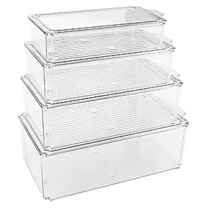 Modern-Depo Pack of 4 Refrigerator Organizer Bins with Lids Clear Food Storage Containers Stackable Kitchen Organization Box for Freezer