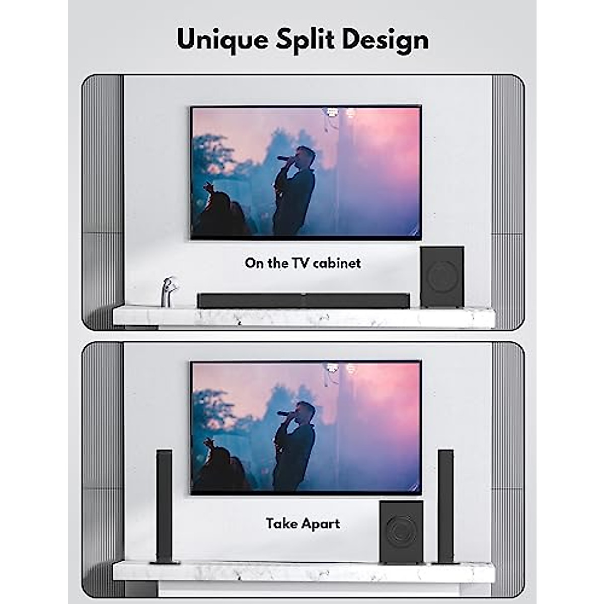 Puxinat 2 in 1 Separable Sound Bars for TV with Subwoofer, Bluetooth 5.0 Surround Sound System for Home Theater, ARC/Optical/Aux/USB TV Speaker, Treble/Bass Adjust, 10 EQ Modes, Remote Included