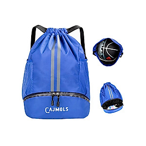 Cajmols Drawstring Backpack with Ball Compartment Water Resistant Sport Equipment Bag for Soccer Volleyball Baseball Softball Football Yoga Swimming (Q-Blue)