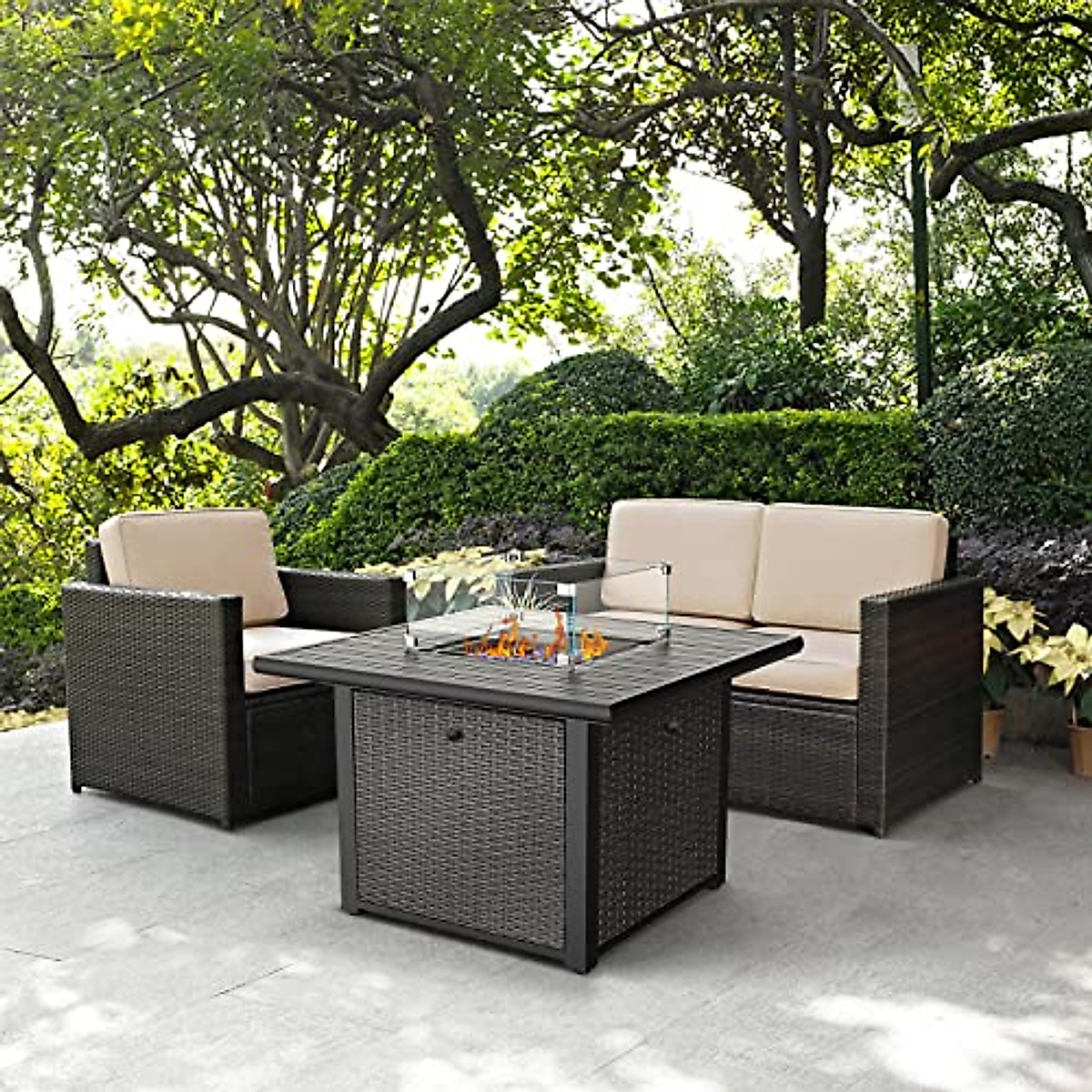 MARVOWARE Propane Gas Fire Pit Table, 60,000 BTU Wicker Outdoor Fireplace with Lid & PVC Cover,CSA Approved Auto-Ignition Fire Tables for Garden Backyard Deck Patio(36in)