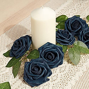 H.FLOLAVIDA Navy Blue Foam Rose Artificial Flowers Heads with Stems, 25pcs Fake Flowers for DIY Wedding Decor, Baby Shower, Bridal Shower, Wedding Bouquet,Party Centerpiece Table Decorations, 1 box