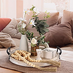 Round Wood Tray/w Wood Bead Garland - 13" Decorative Trays for Home Decor - Round Wooden Tray with Handles - Wooden Round Tray for Kitchen Counter.