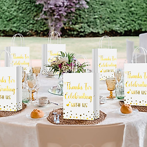 Ctosree 50 Pcs Wedding Gift Bag Thanks for Celebrating with Us Paper Bags Gold Wedding Gift Bags with Handle for Hotel Guests Wedding Gift Bag for Bridal Shower Party Favors