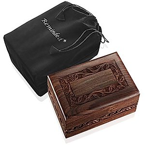 Reminded Rosewood Hand-Carved Urn Box Cremation Memorial with Velvet Bag - Small