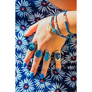 Mia Jewel Shop Ellipse Oval Flat Healing Gemstone Crystal Cabochon Silver Metal Border Adjustable Ring - Womens Natural Fashion Handmade Jewelry Boho Accessories (Turquoise Howlite)