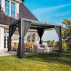 HAPPATIO Louvered Pergola 10x13 Outdoor Pergola, Metal Pergola with Adjustable Rainproof Roof, Patio Pergola with Curtains and Mosquito Nets, Aluminum Pergola for Patio, Backyard, Deck, Garden (Gray)
