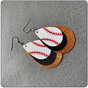 Fusamk Baseball Faux Leather Earrings Lightweight Teardrop Earrings Sequin Dangle Earrings(Black Orange)