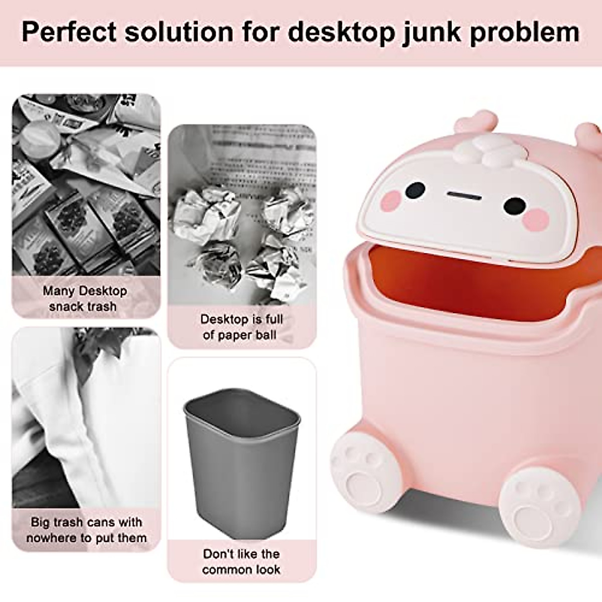 SHAIDOJIO Cute Desktop Trash Can, Creative Mini Garbage Can with 90Pcs Trash Bags, Small Desktop Plastic Waste Basket with Flip Lid for Bathrooms, Kitchens, Offices, Dressing Table (Pink)