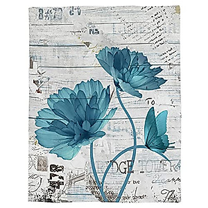 Blue Floral Soft Fleece Throw Blanket, 40x50inch Lightweight Microfiber Blanket, Warm Cozy Couch Bed Sofa TV Blankets for All Seasons, Watercolor Abstract Flowers on Retro Wooden