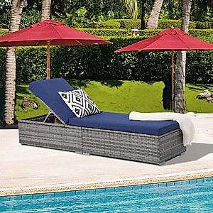 Patiorama Outdoor Patio Chaise Lounge Chair, Elegant Reclining Adjustable Pool Rattan Chaise Lounge Chair with Navy Blue Cushion, Grey PE Wicker, Steel Frame