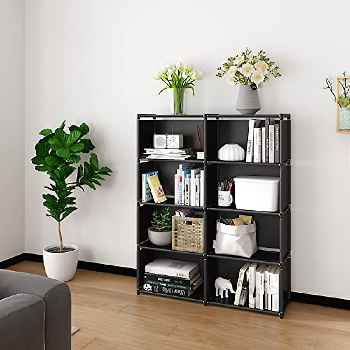 MOYIPIN Bookshelves, Assembled Storage Rack, Bedroom Living Room Vertical Cabinet Bookshelf, Double Row 8-Grid Multi-Functional Storage Equipment (Black)