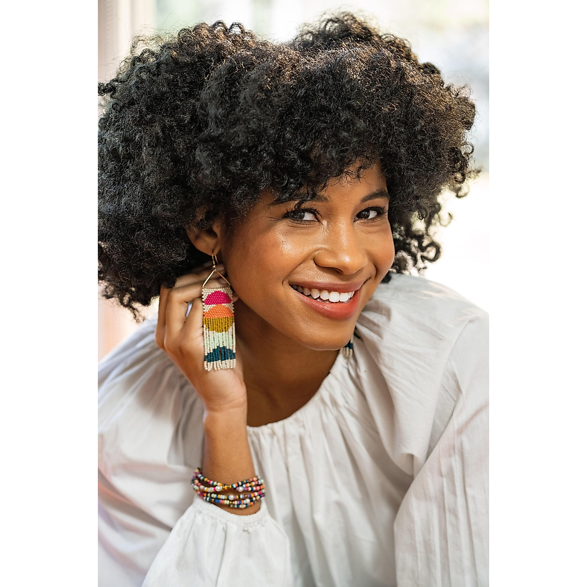 INK+ALLOY Women's Gloria 3.75- Inch Half Circles Fringe on Brass Triangle Beaded Dangle Earrings Handmade Jewelry for the Modern Bohemian (Rainbow)