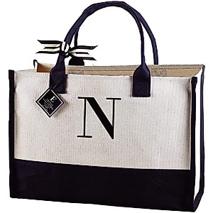 Mud Pie Classic Black and White Initial Canvas Tote Bags (N), 100% Cotton, 17" x 19" x 2"