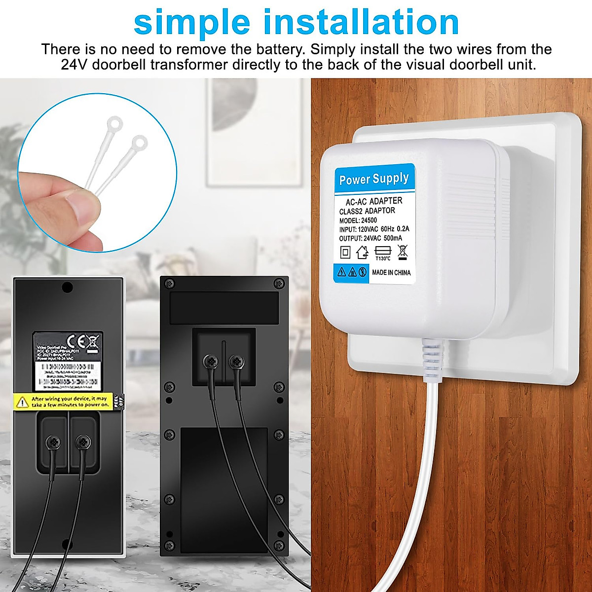 24V Doorbell Transformer Compatible with Ring Doorbell,Video Doorbell,Nest, Ecobee, Sensi and Honeywell Thermostats,24V 500MA AC Transformer (16.4FT White 12.0, Watts