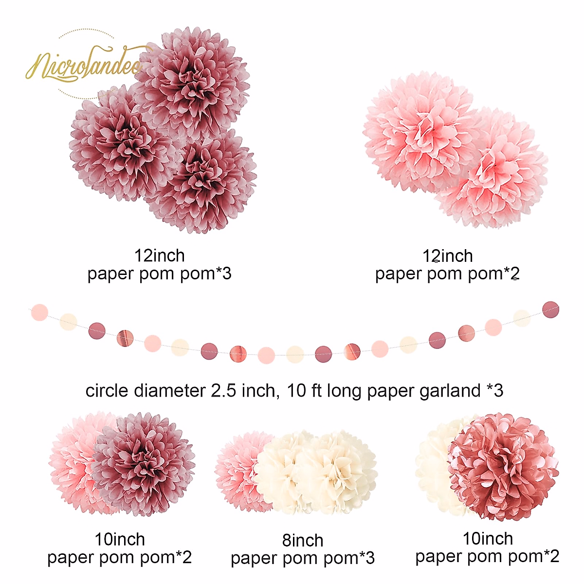 NICROLANDEE 15PCS Dusty Rose Blush Pink Tissue Pom Poms Flowers for Wedding, Bridal Shower, Sweet Birthday, Baby Shower, Engagement, Bachelorettes, Valentine Pink Party Decorations Paper Garland