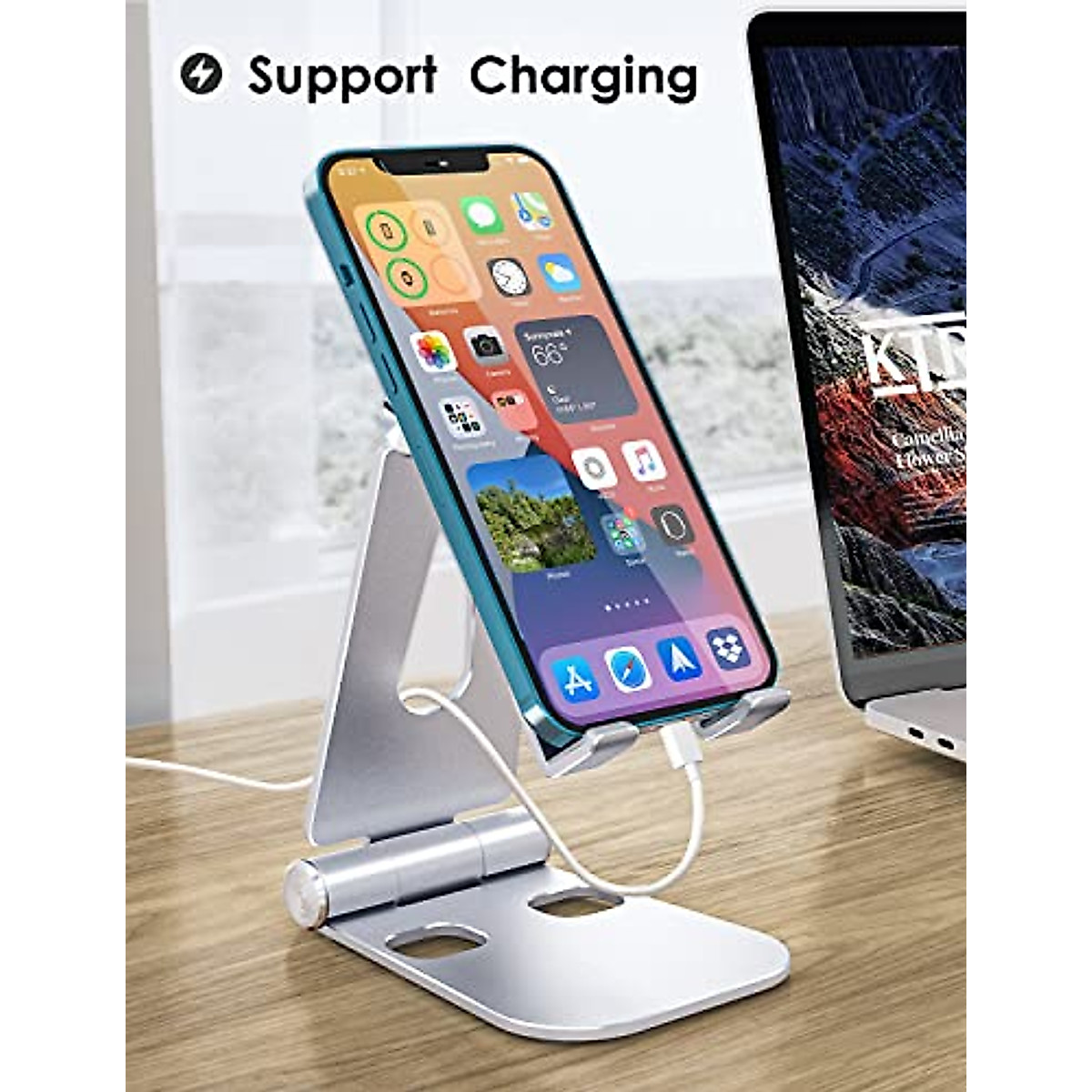 KTRIO Adjustable Cell Phone Stand, Aluminum Phone Stand for Desk, Foldable Phone Holder Compatible with iPhone 13 Pro Max 11 12 Xr 8 7 SE, Pad, Tablet, Smartphone - Silver
