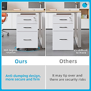 3 Drawer Wood Mobile File Cabinet with 1 Lock, Under Desk File Cabinet with 5 Wheels, Rolling Filing Cabinet for Home Office, Filing Cabinet Organizer, for Letter Sized Documents (White)