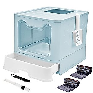 Panghuhu88 Foldable Cat Litter Box with Lid, Large Top Entry Cat Toilet, Enclosed Cat Potty Include Cat Litter Scoop, Drawer Type Easy Clean Cat Litter Pan (Blue, 20" L x 16" W x 15" H)