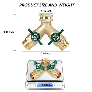 STYDDI Garden Hose Splitter Full Flow, Brass Heavy Duty Hose Splitter 2-Way High Flow, All Metal Hose Y Splitter with Shutoff, Outdoor Faucet Splitter Hose Connector, Water Hose Y Valve Tap Adapter