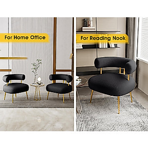 Dewhut Mid Century Sherpa Boucle Accent Chair, Round Upholstered Barrel Arm Chair for Small Spaces, Fluffy Side Corner Sofa Armchair for Living Room, Bedroom, Vanity, Office, Reading Nook(Black)